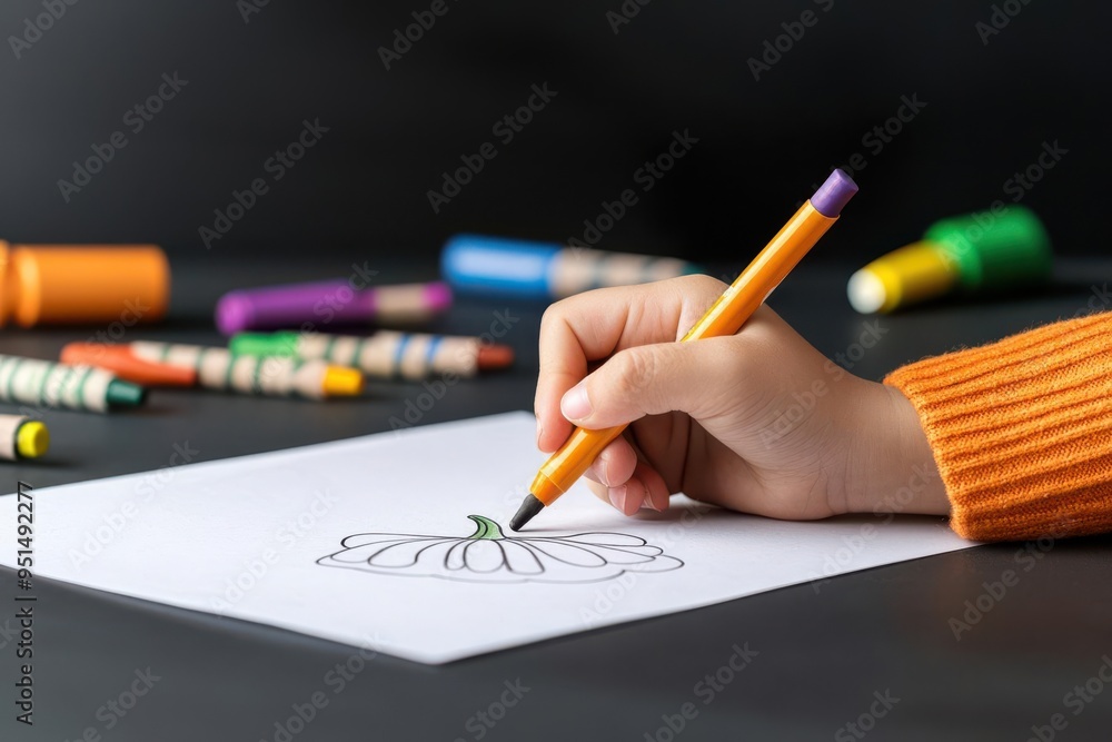 Child s hand coloring a Thanksgiving-themed worksheet in a classroom ...