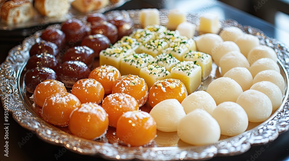 A platter of Indian desserts, including gulab jamun, rasgulla, and ...