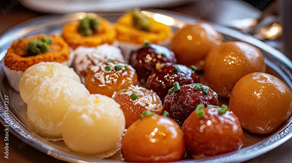 A platter of Indian desserts, including gulab jamun, rasgulla, and ...