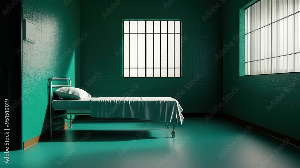 Isolation room with a single bed and quarantine warning, emphasizing ...