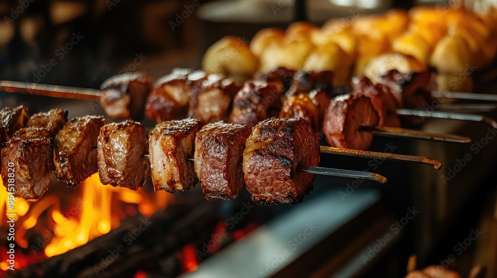 A traditional Brazilian rodizio grill with skewers of meat being served ...