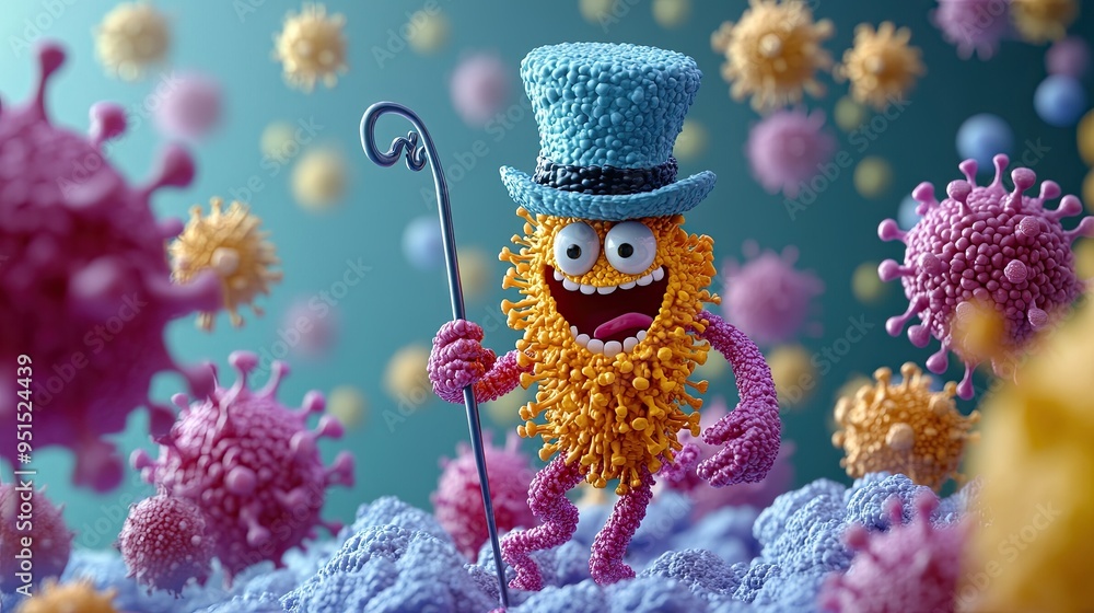 43. A 3D cartoon scene of a virus with a top hat and cane, performing a ...