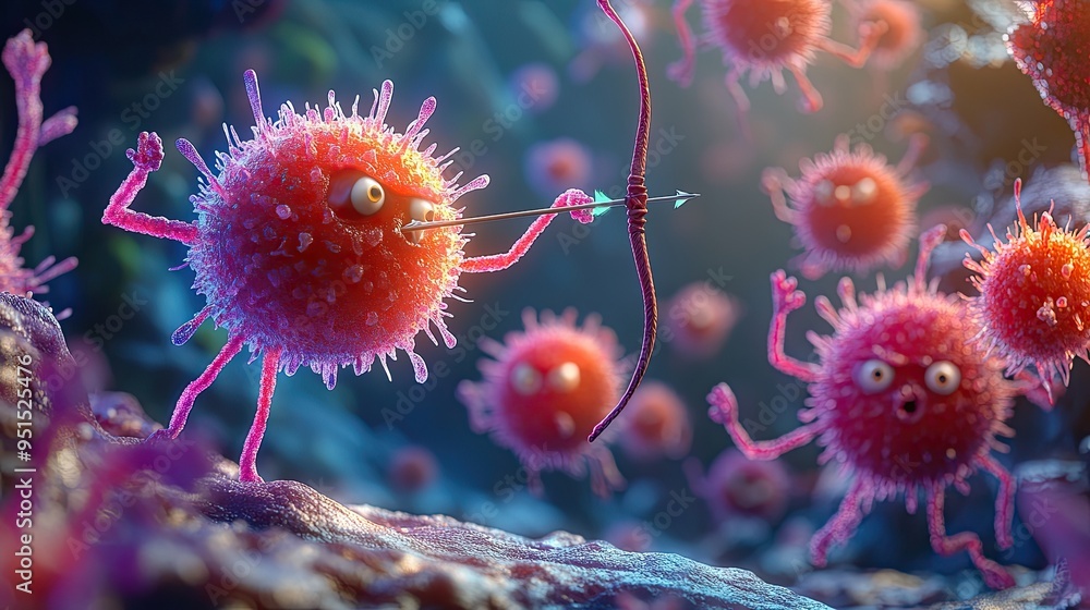 30. A 3D cartoon depiction of a bacteria with a bow and arrow, aiming ...