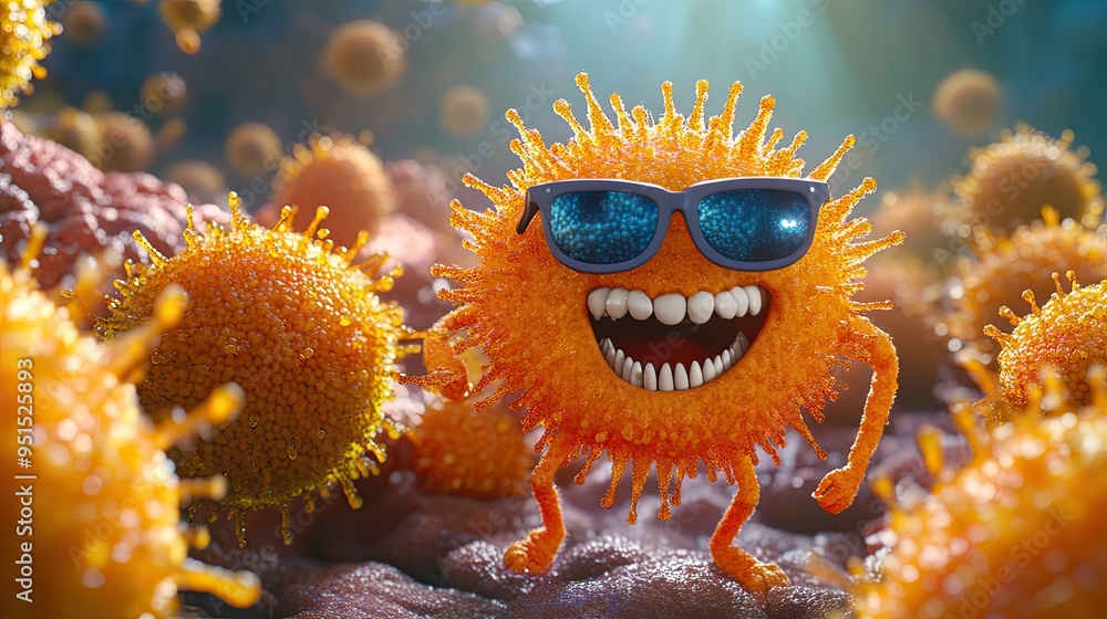 25. A 3D cartoon scene of a virus with sunglasses and a mischievous ...