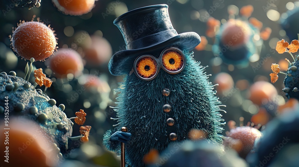 19. A 3D cartoon bacteria with a monocle and cane, portrayed as a ...