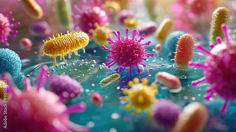 7. A vibrant 3D cartoon animation showing a variety of germs with ...