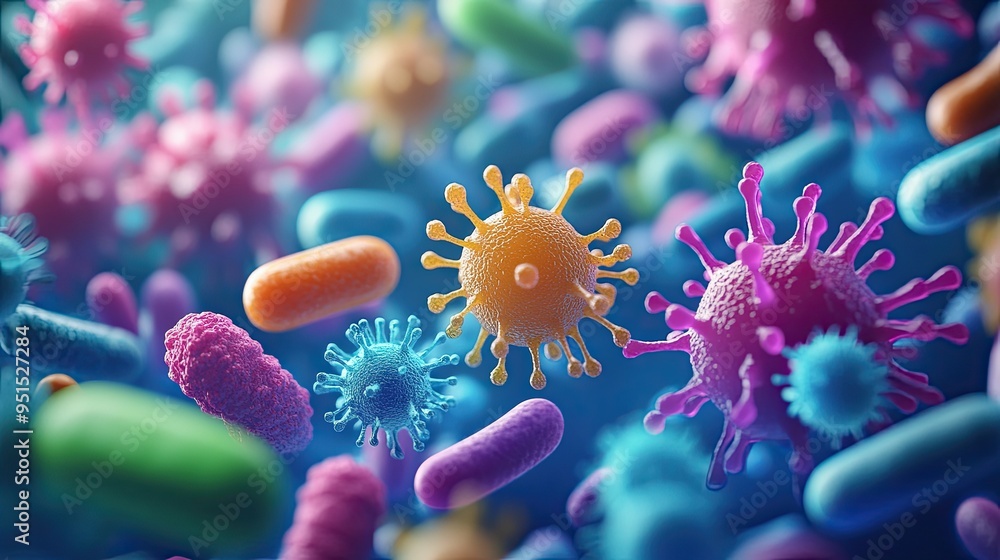 7. A vibrant 3D cartoon animation showing a variety of germs with ...