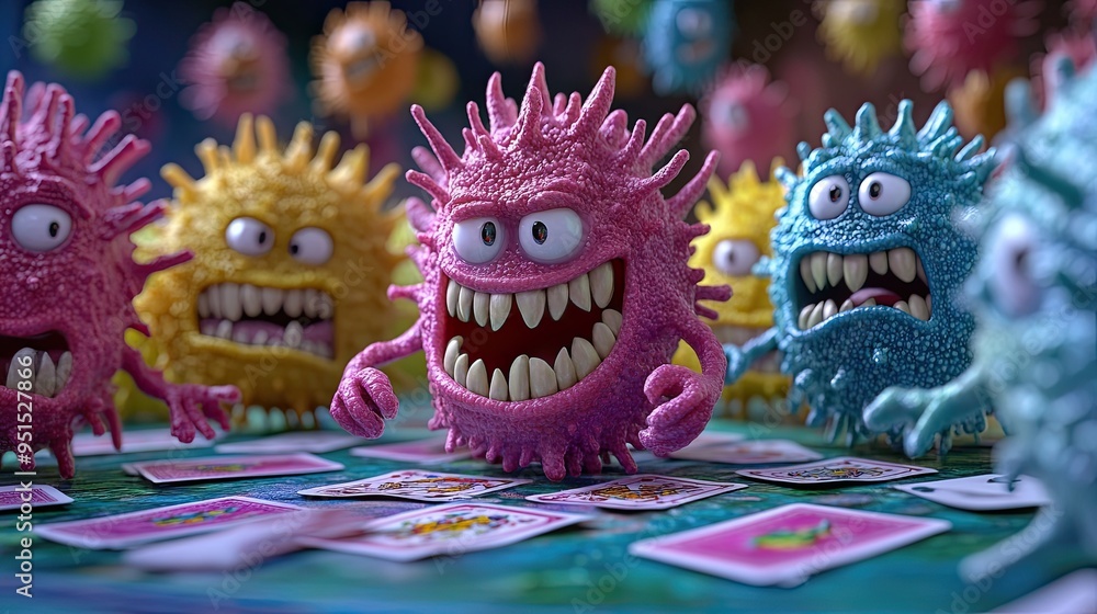 47. A 3D cartoon animation of a group of germs playing cards on a cell ...