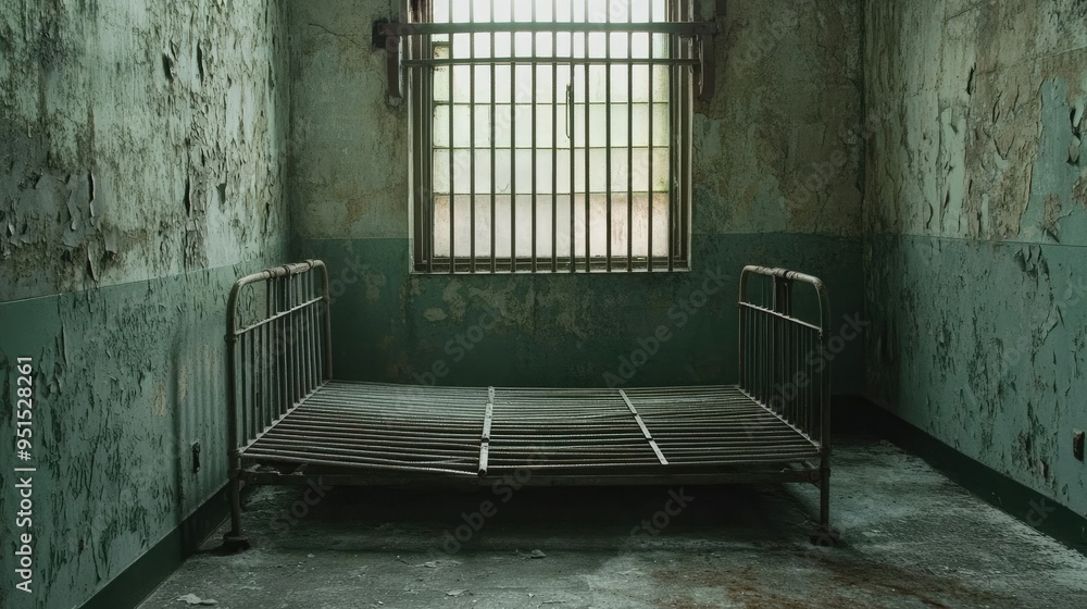 An unoccupied prison cell with a metal bed frame and a barred window ...
