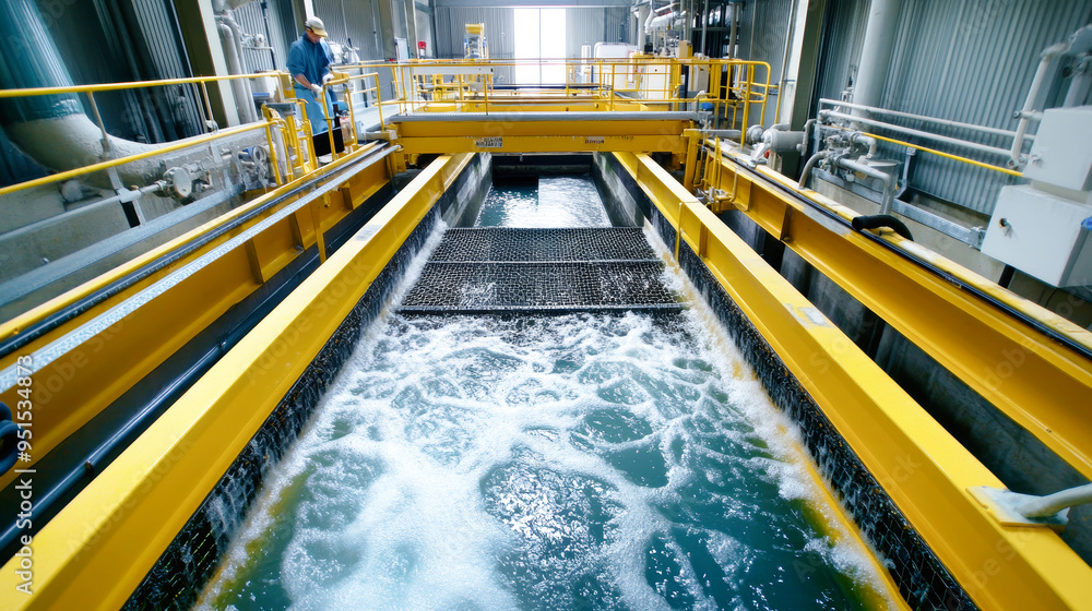 Industrial machinery flushes garbage into the water at a wastewater ...