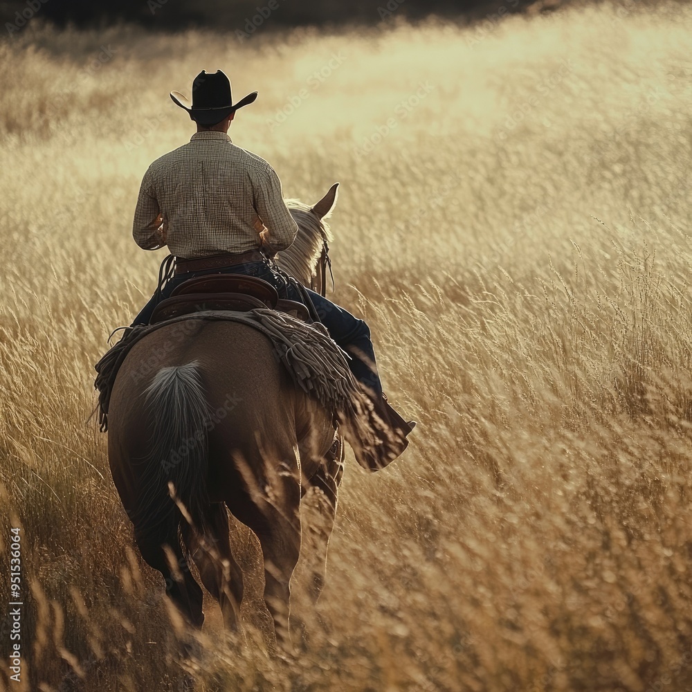 Fast-paced shot of a cowboy riding a horse with a saddle, the wind ...