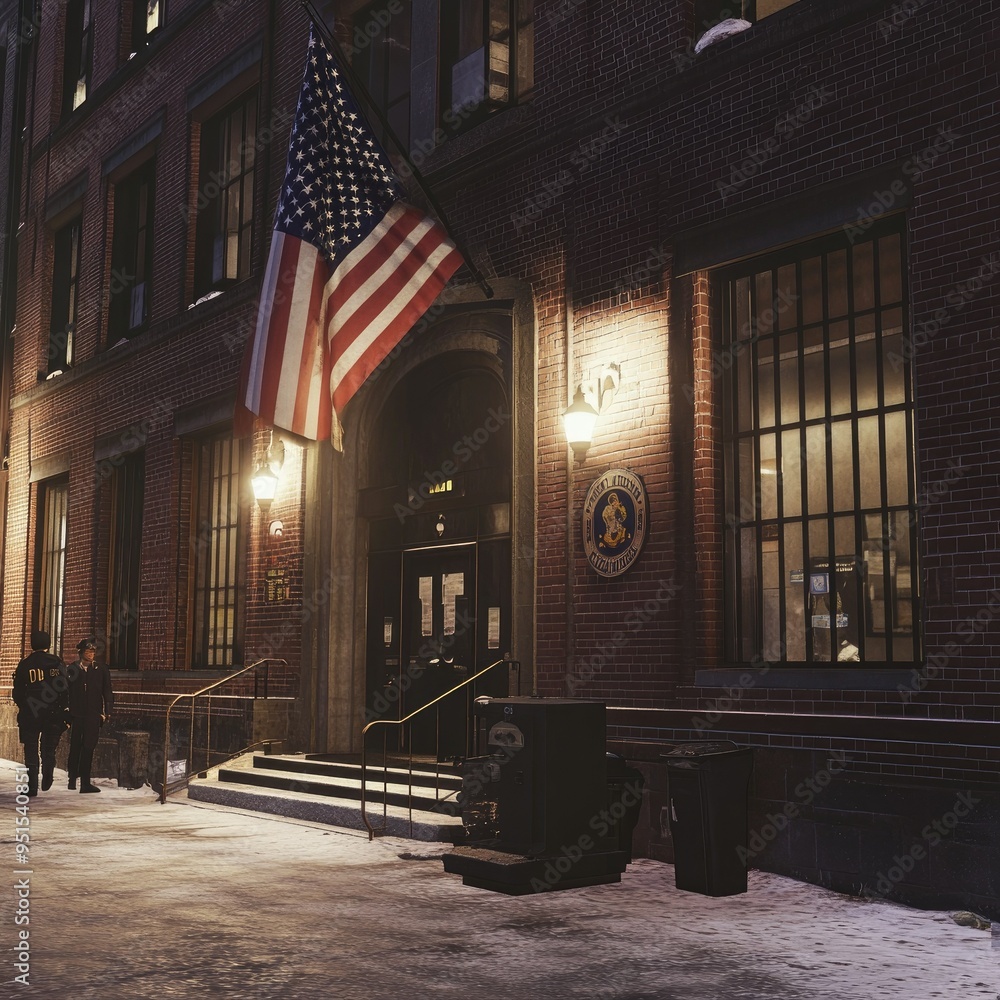 Police station exterior with an American flag, official signage, and a ...