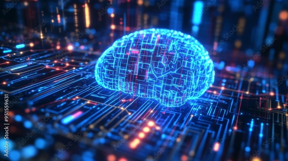 An abstract digital representation of a brain with flowing circuits and data streams ...
