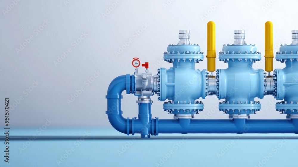 Blue industrial pipe and valve system for fluid control, featuring ...