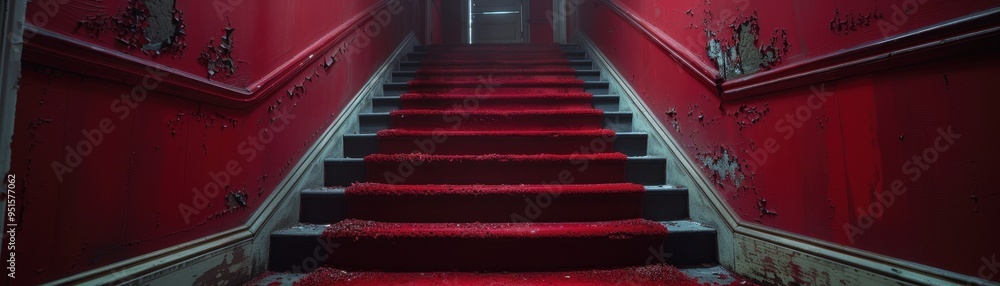 A haunting staircase with red carpet and dim lighting creates an eerie ...