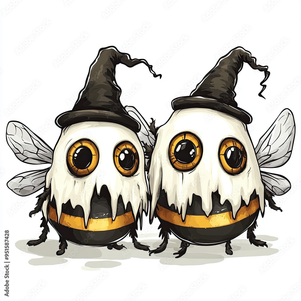 Cute ghost bees in witch hats illustration, Adorable illustration of two ghostly bees wearing ...