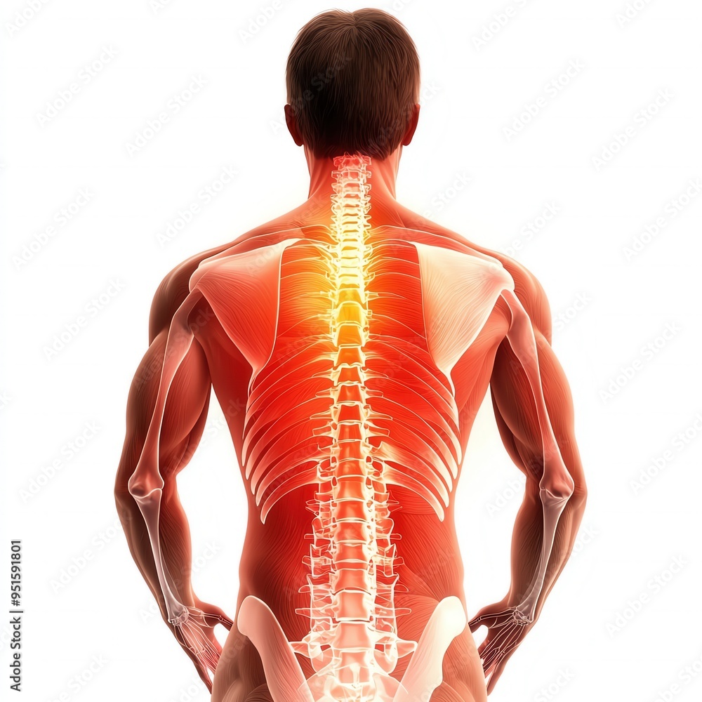 Anatomical illustration showing human spine with highlighted area ...