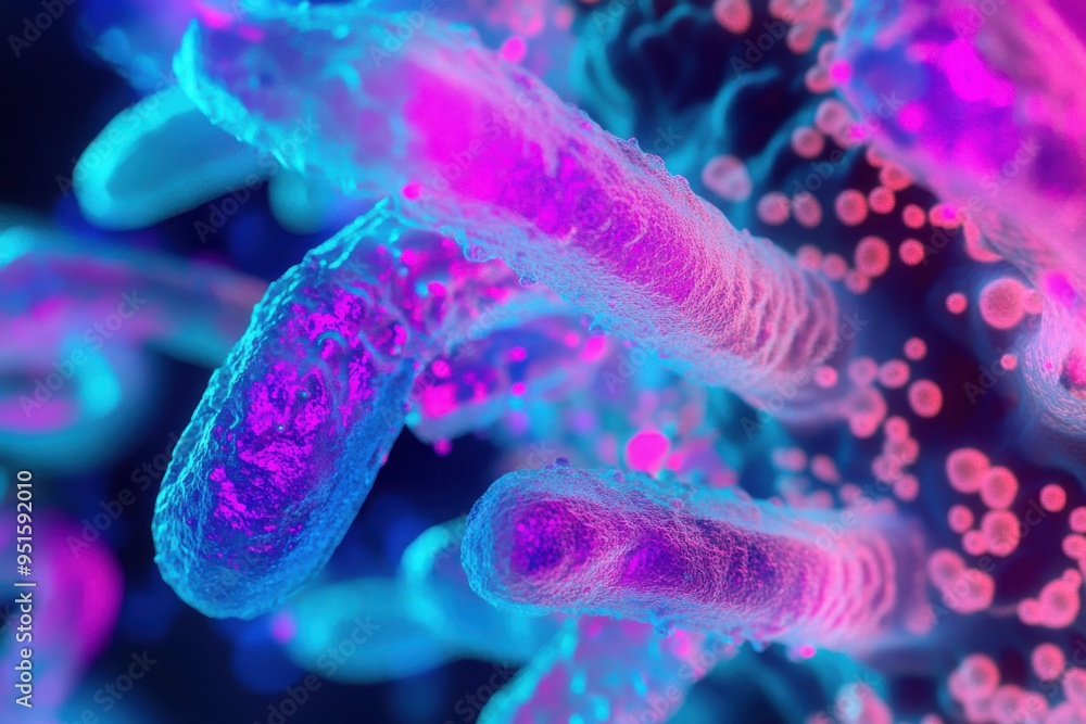 A high-tech, microscopic view of bacteria rendered in vibrant neon ...