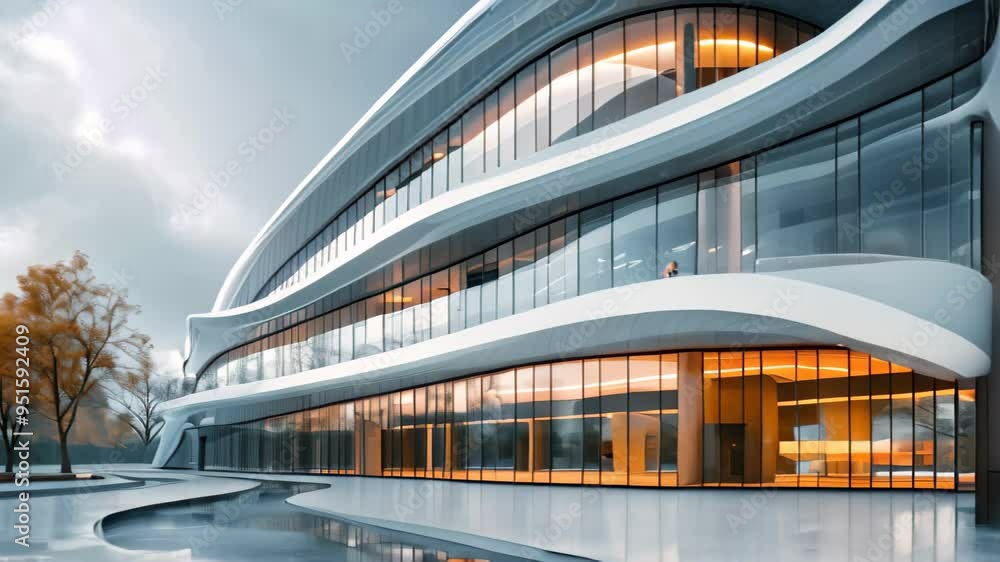 A futuristic school building with a sleek metallic surface and glass ...