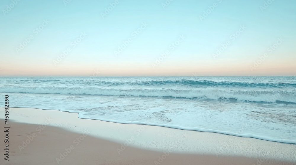 Empty beach with gentle waves lapping against the shore minimalist ...