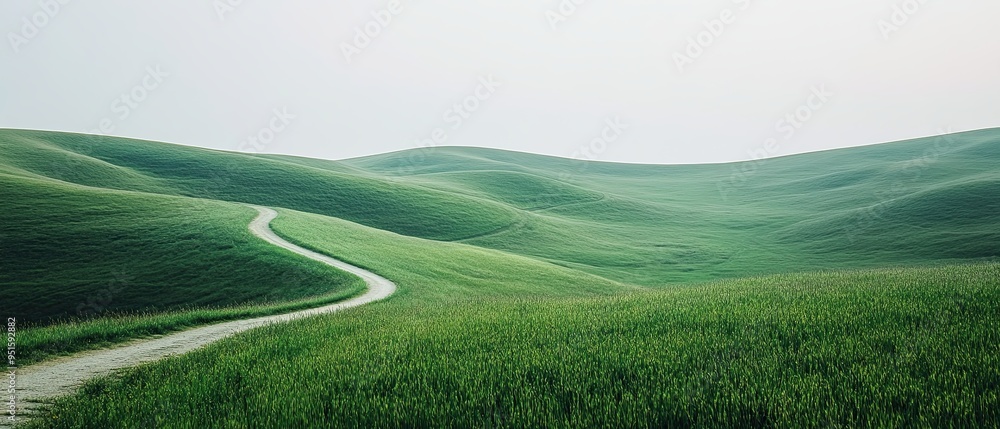 Single winding path through rolling green hills soft tones and balanced ...