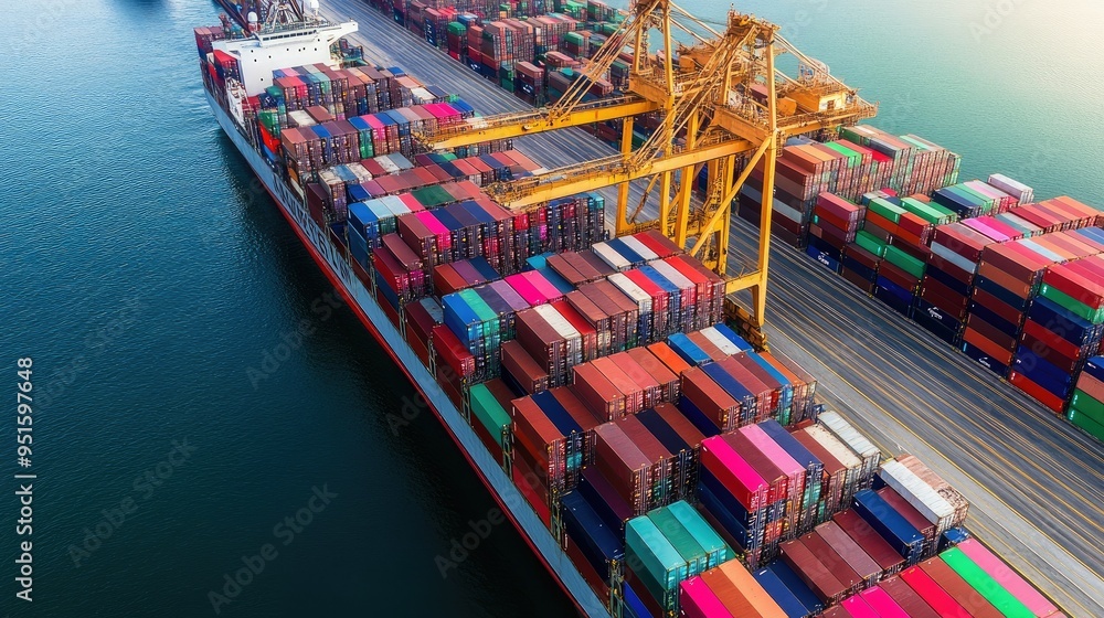 Container ship carrying container boxes import export dock with quay ...