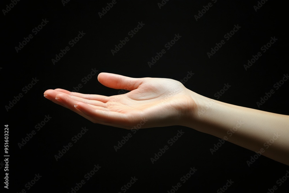 hand outstretched in gesture of giving or receiving, black background ...