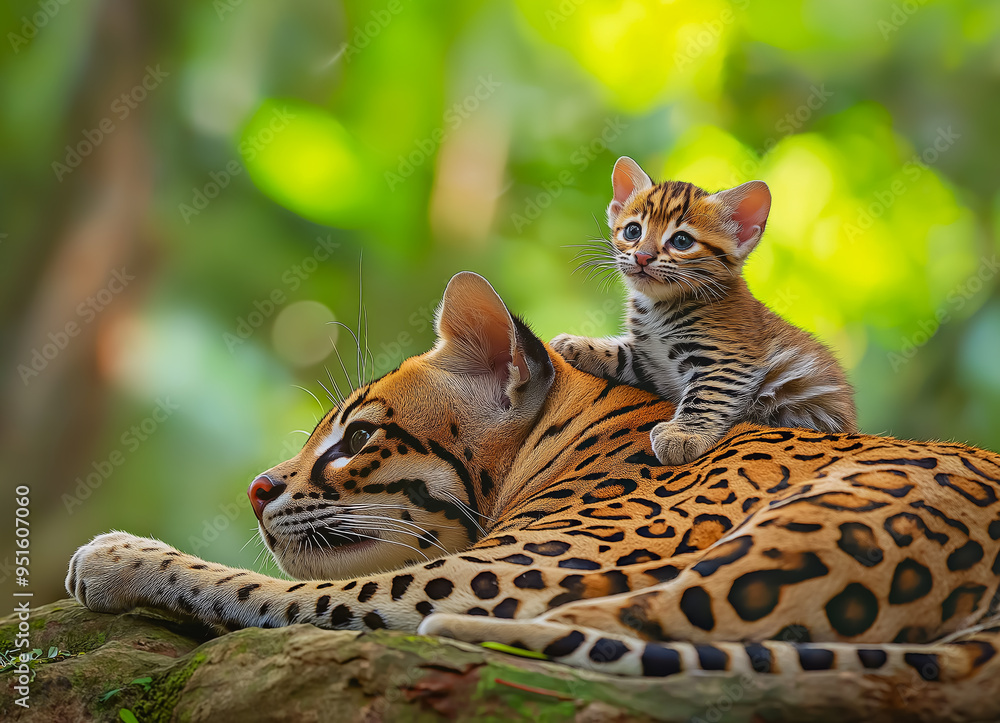 Ocelot Mother and Her Curious Cub Sharing a Quiet Moment of Love and Discovery Amidst the Lush ...