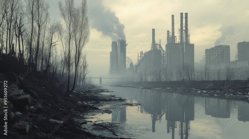 Urban pollution choking smog envelops city skyscrapers fading into hazy ...
