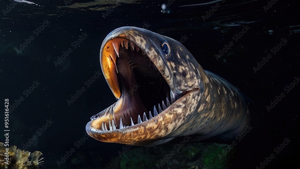 A close-up shot of a moray eel with its mouth open, revealing sharp ...