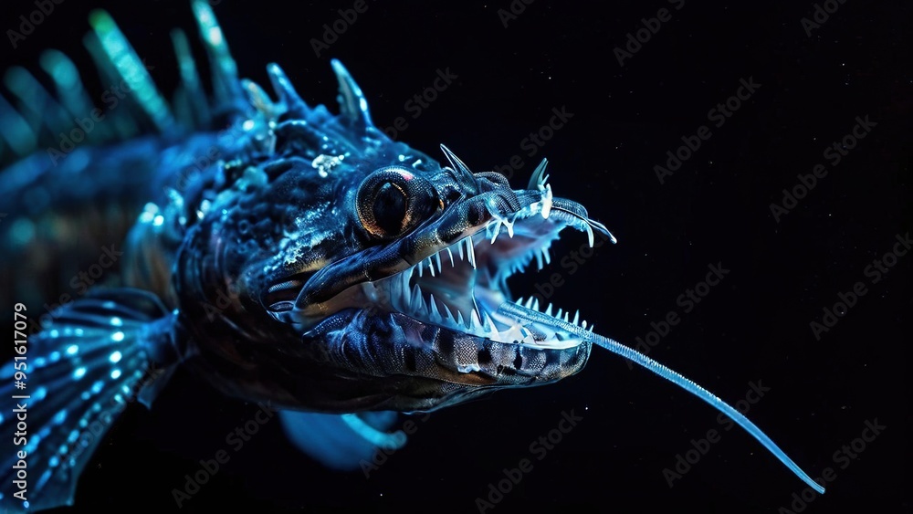 A close-up shot of a viperfish with its mouth open, revealing sharp ...