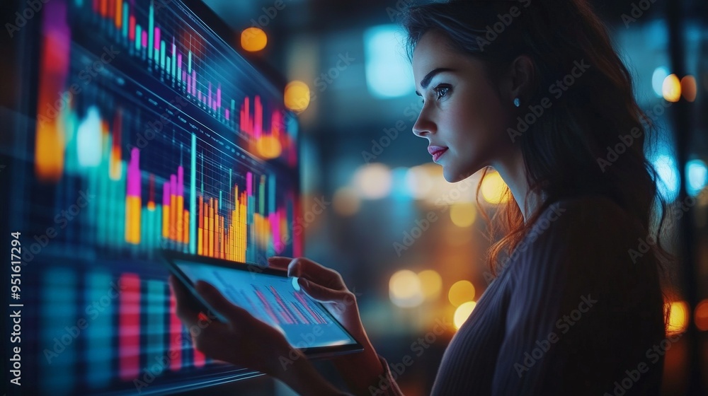 Data Driven Decisions: A young, confident woman analyzes data on a ...