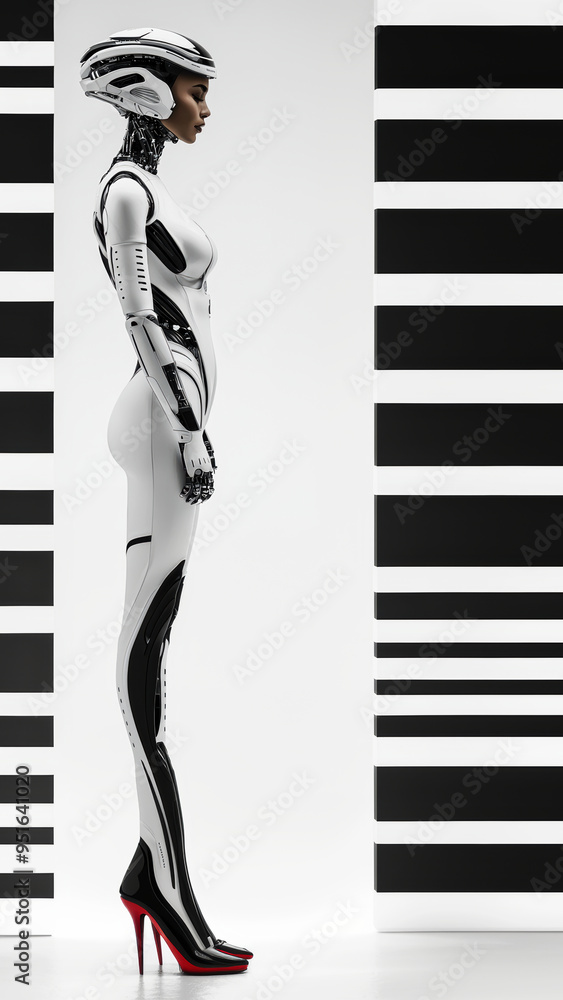 Vertical poster with cybernetic organism, female model in high heels ...