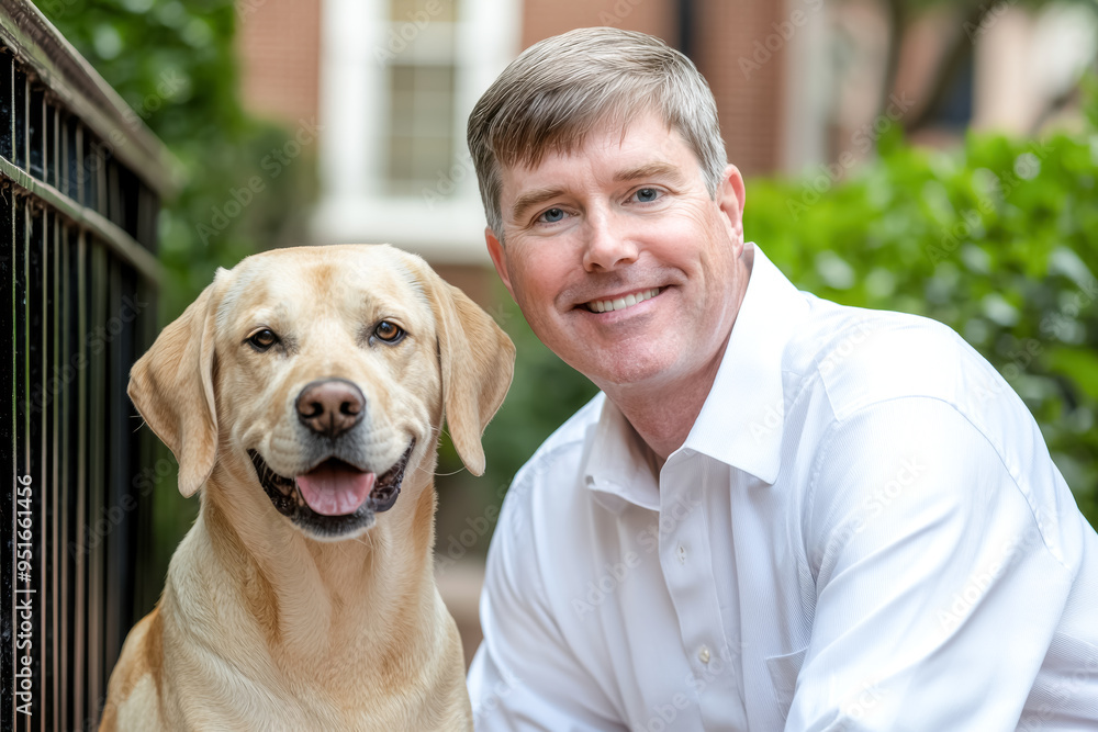 Delighted Man with His Golden Labrador. A cheerful Caucasian man in a ...