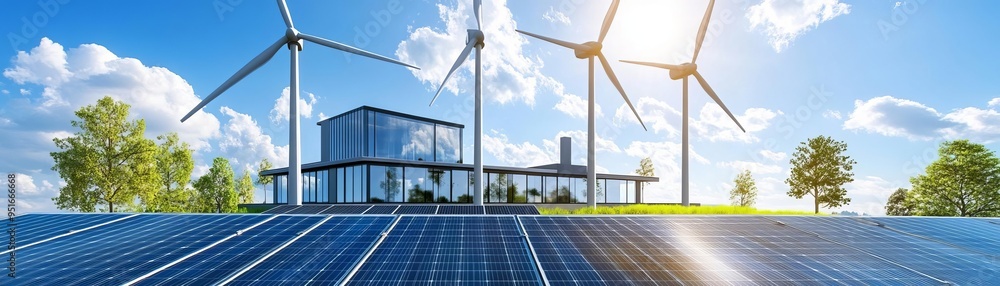 Wind turbines and solar panels powering a modern home, renewable energy ...