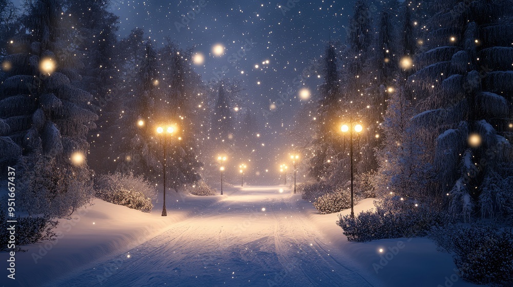 snow falling at night in a snowy dark forest with lights and stars ...