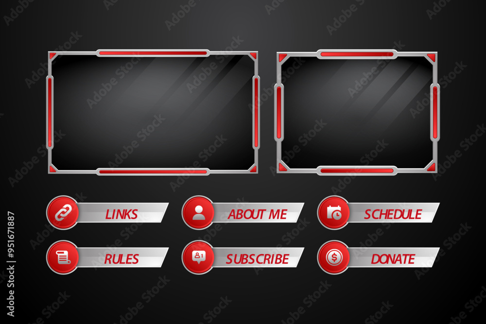 Modern Red and Silver Twitch Stream Overlay Layout with Buttons and ...