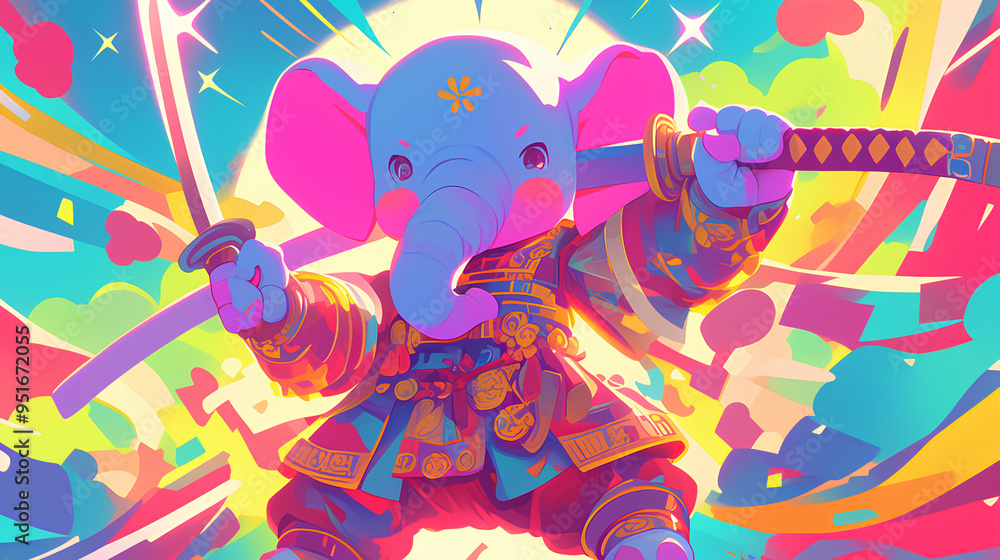 Cute elephant wearing Japanese samurai armor, cool poses, cute kawaii ...