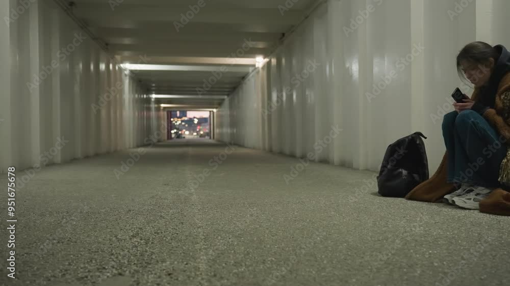 A girl in a brown coat sits bent over in an underpass tunnel, holding ...