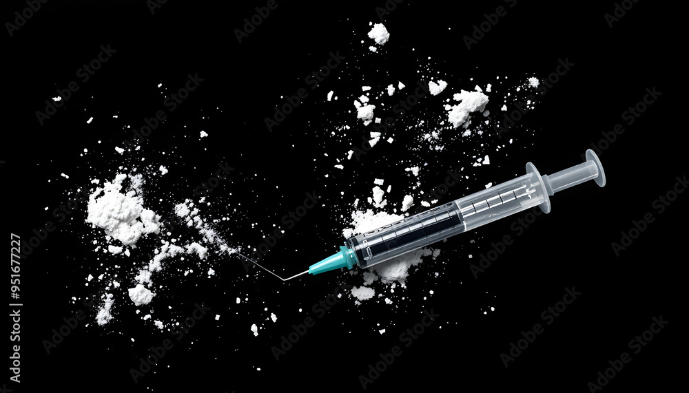 Drug use concept. powder, cannabis, syringe are scattered on a black ...