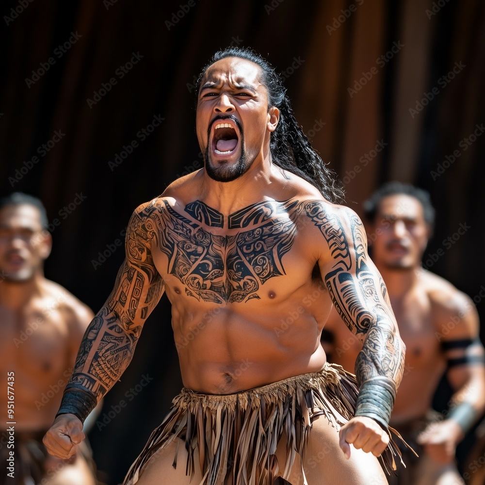 Warrior performing a traditional Polynesian haka with intense ...