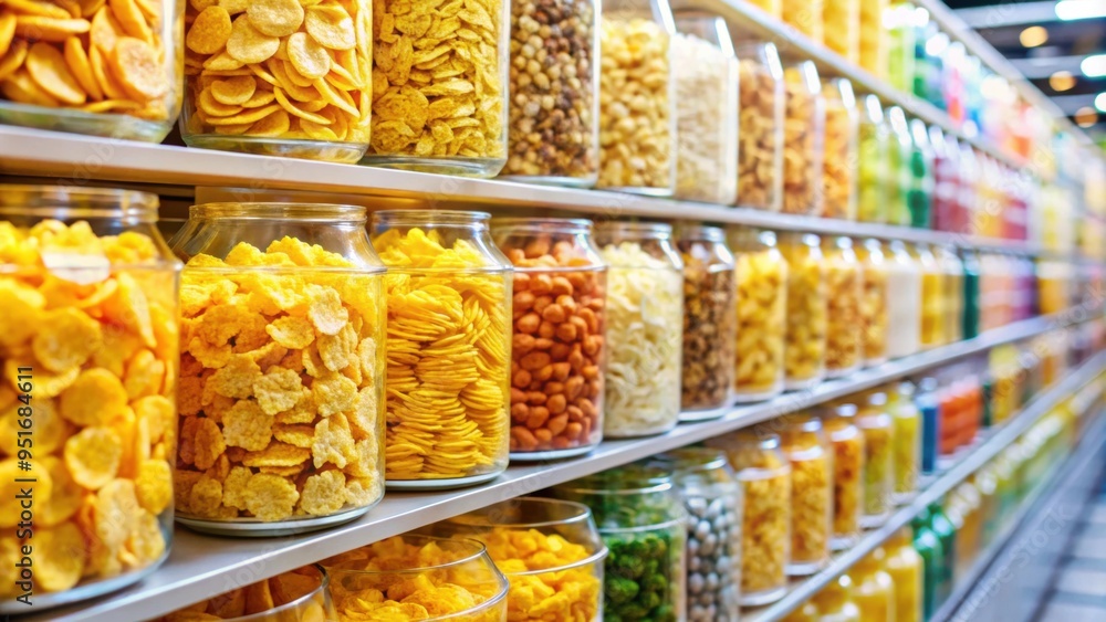 Various brands of corn flakes on supermarket shelf, breakfast, cereal ...