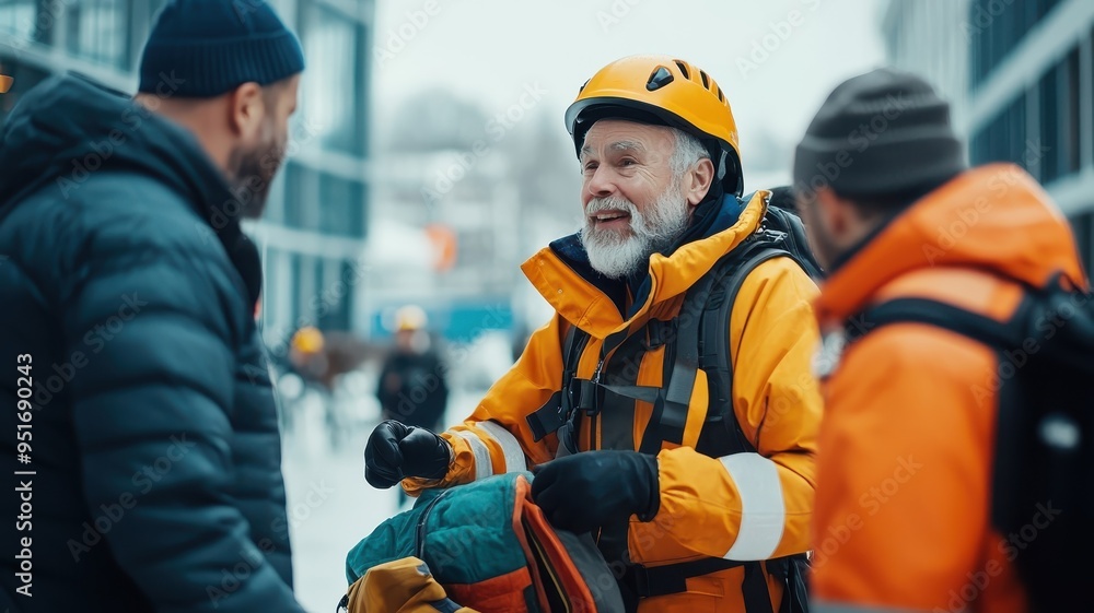 Old people receiving assistance from a rescue unit, with emergency ...