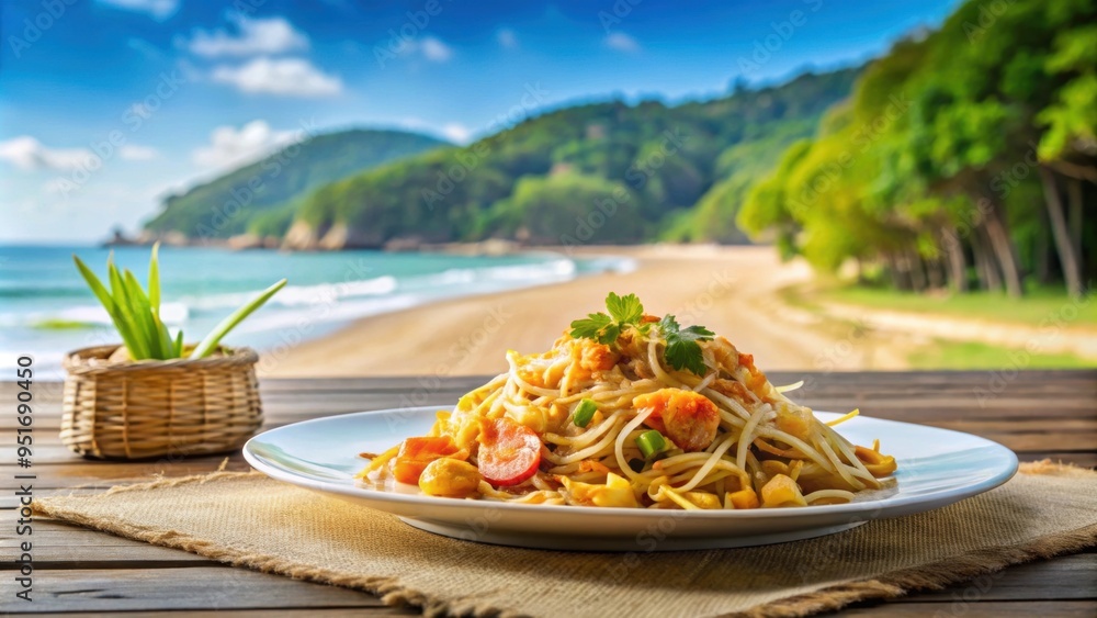 Plate of Pad Thai stir-fried noodles on a table with a beach in ...