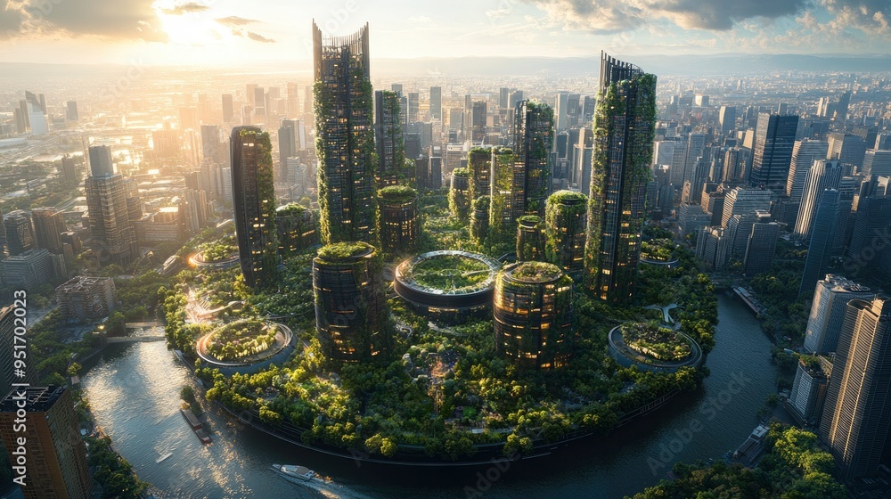 Aerial view of a smart city focused on sustainability, featuring ...