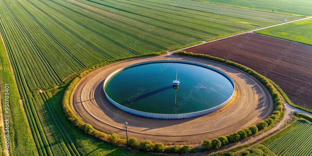 Aerial view of a water tank (pool) for irrigation in agriculture ...