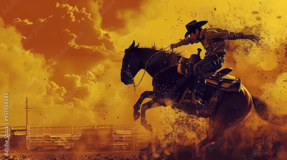 rugged cowboy riding bucking bronco in dusty rodeo arena gritty western ...