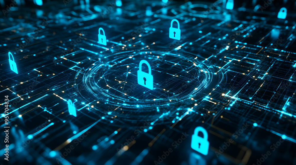 digital illustration of cybersecurity network internet system web data ...