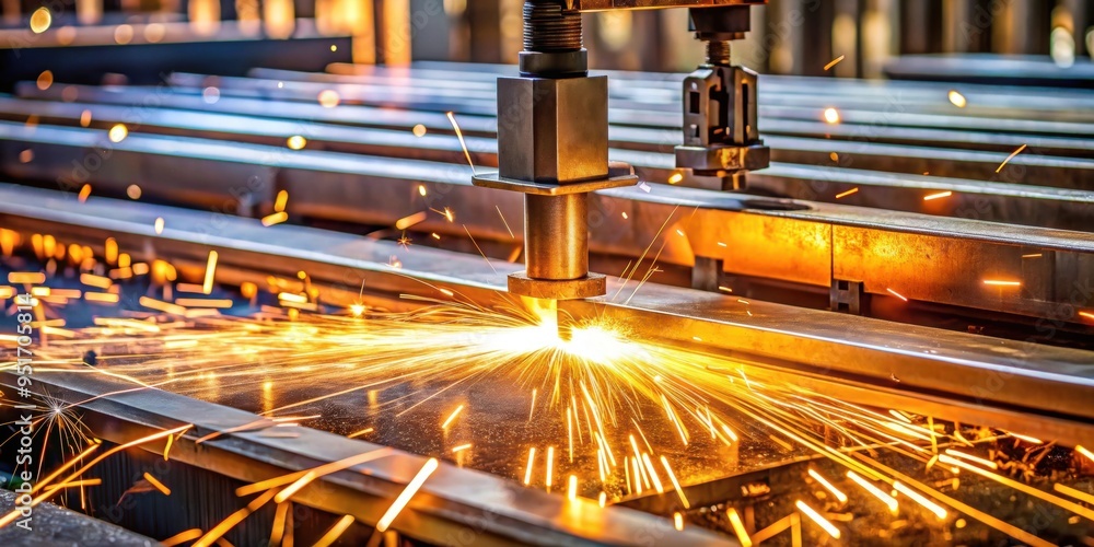 Gas cutting process of an H beam steel with sparks flying, industrial ...