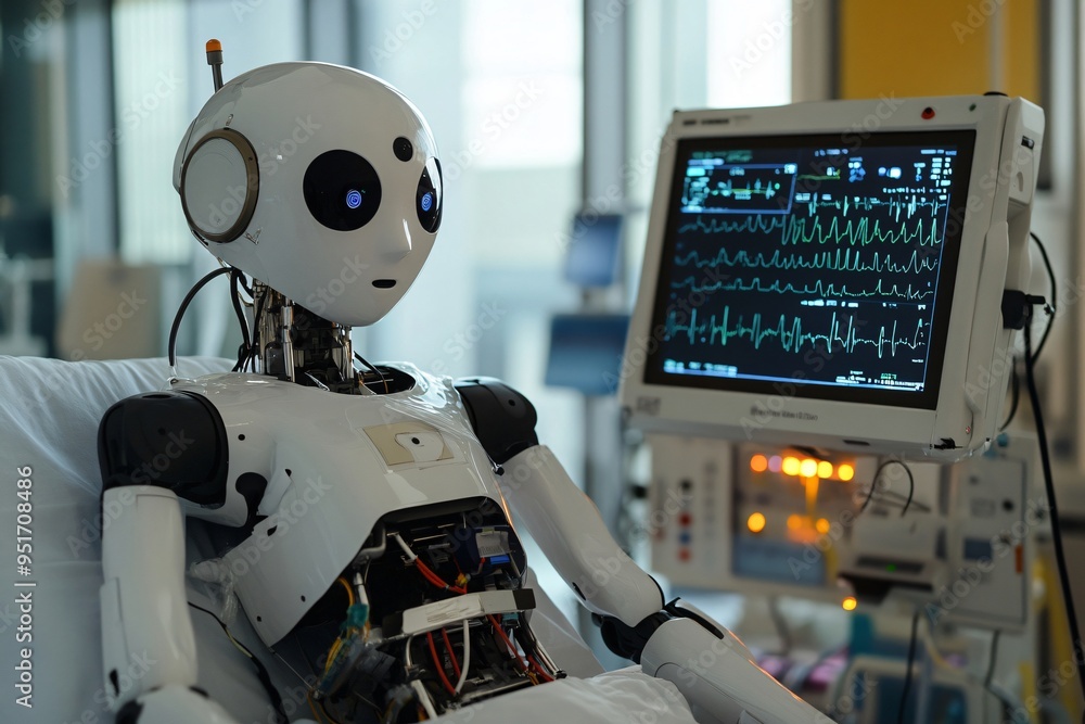Humanoid robot is sitting on a hospital bed, monitoring a patient's ...